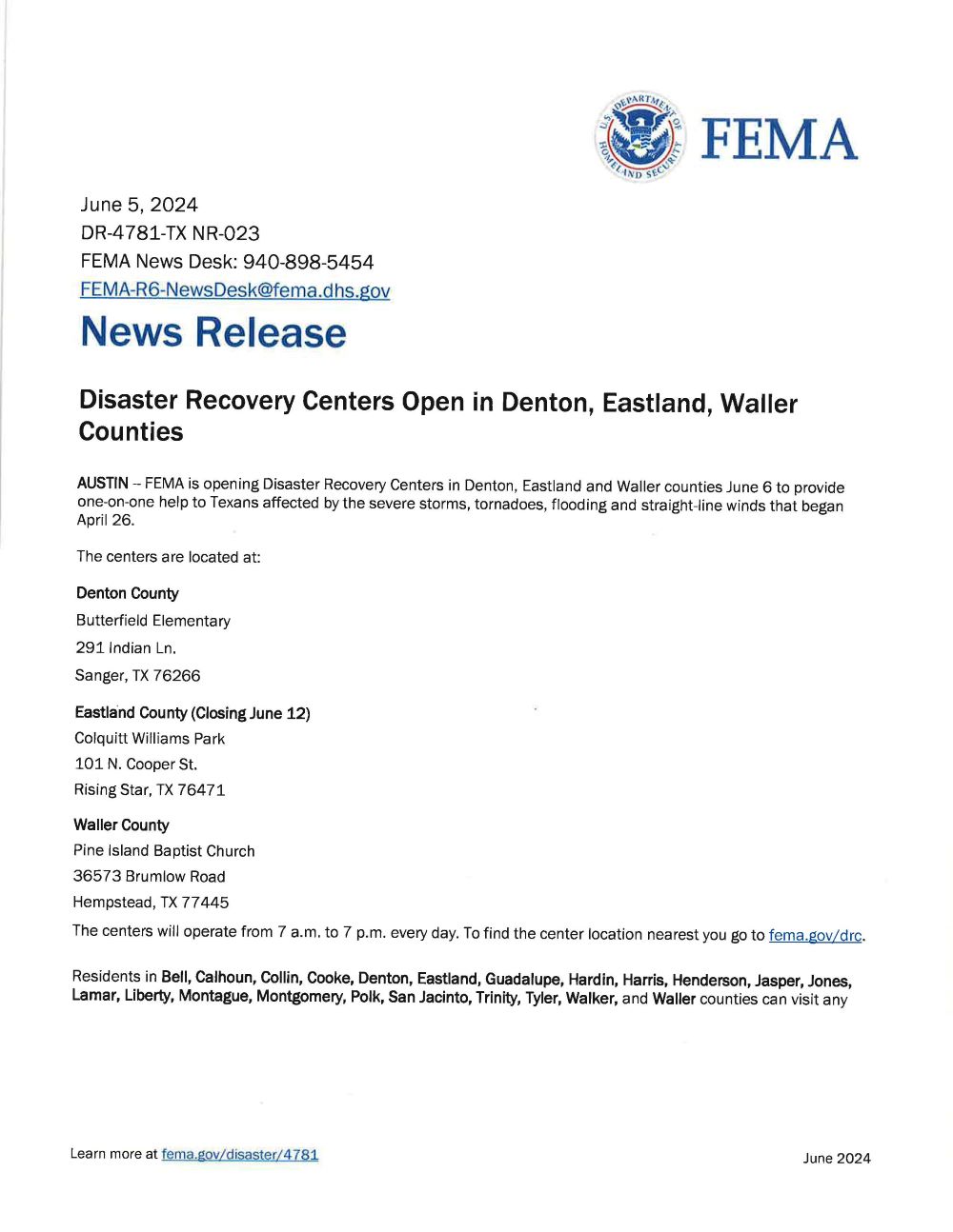 FEMA Disaster Recovery Center – City of Rising Star, Texas